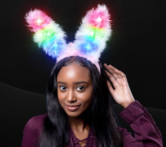 Light up pink and white bunny ears with flashing bendable ears