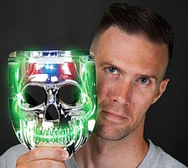 Chrome plated flashing skull mask with LED lights and fiber optics
